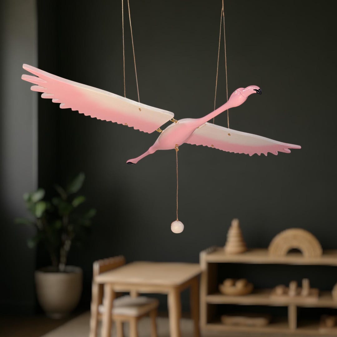 Handmade Wooden Flamingo Mobile – Pink Bird With Flapping Wings – 31.5 ...