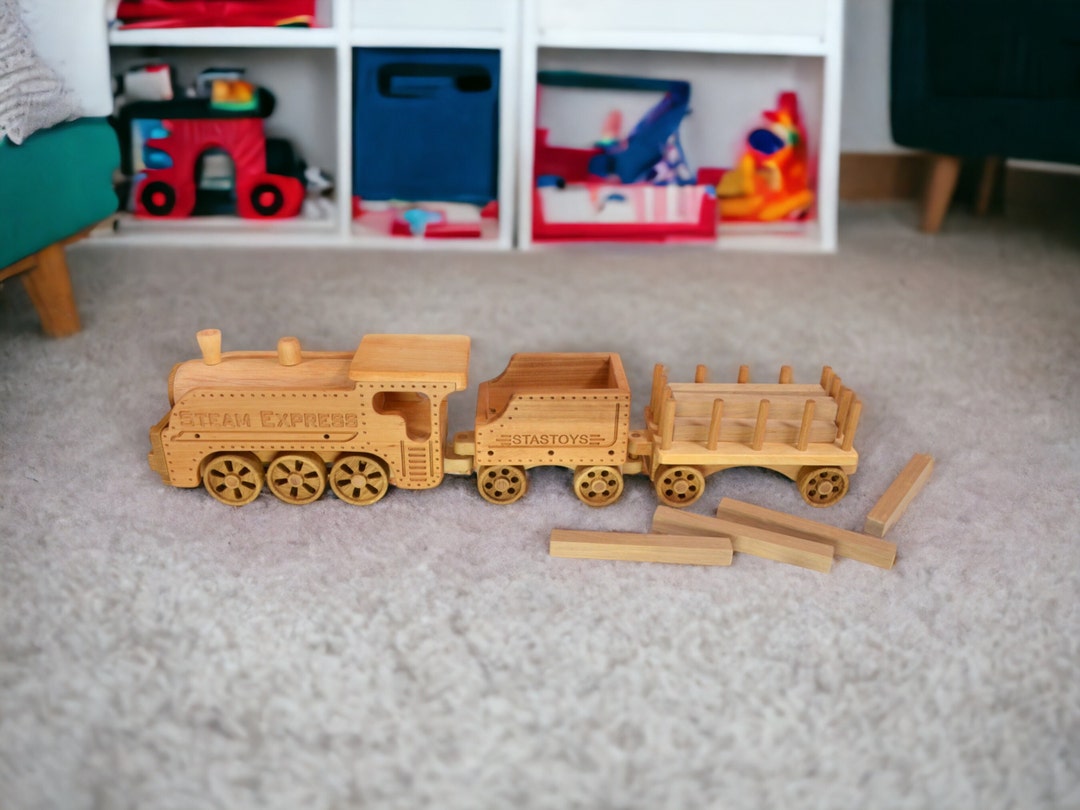 Wooden Toy Train Set / A Locomotive With a Tender and a Freight Car ...