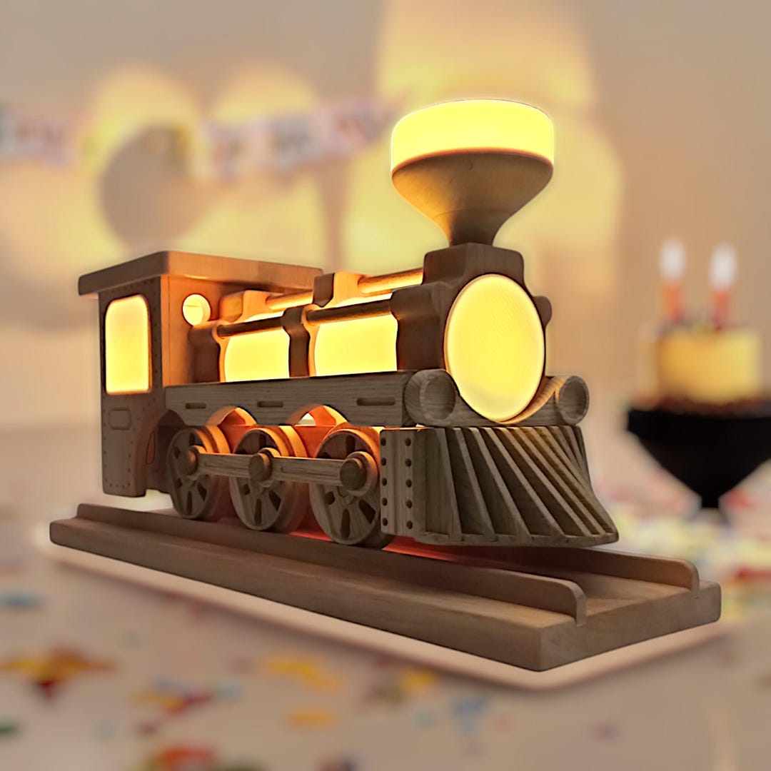 Big Wooden Steam Locomotive Lamp - Handmade Train Night Light - Dynamic ...
