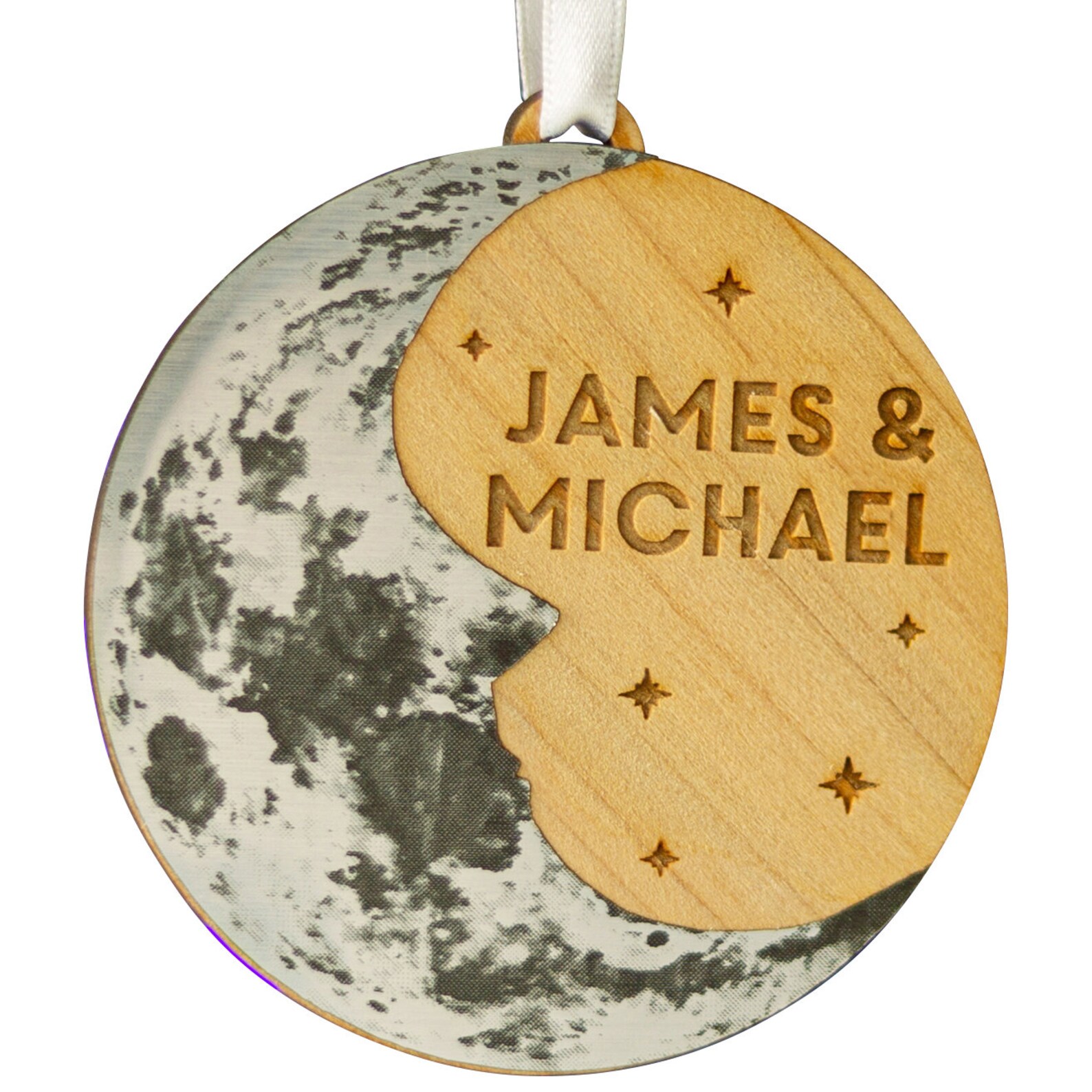 Silver Crescent Moon Personalised Christmas Tree Bauble - Silver/cedar ...