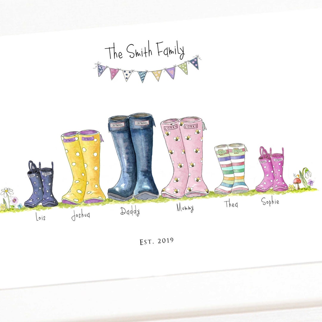 Personalised Welly Boot Family Print: Watercolour Family Illustration ...