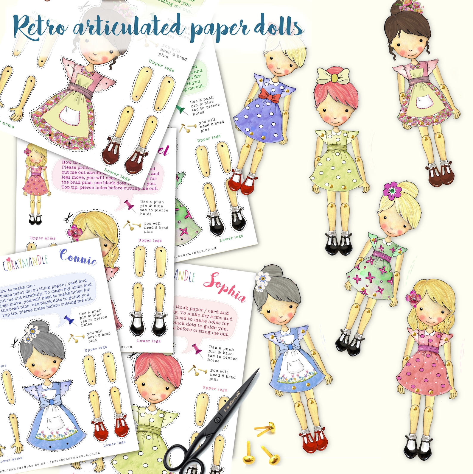 Paper Dolls Kit Printable Corkymandle Articulated Retro Doll Kit - Etsy