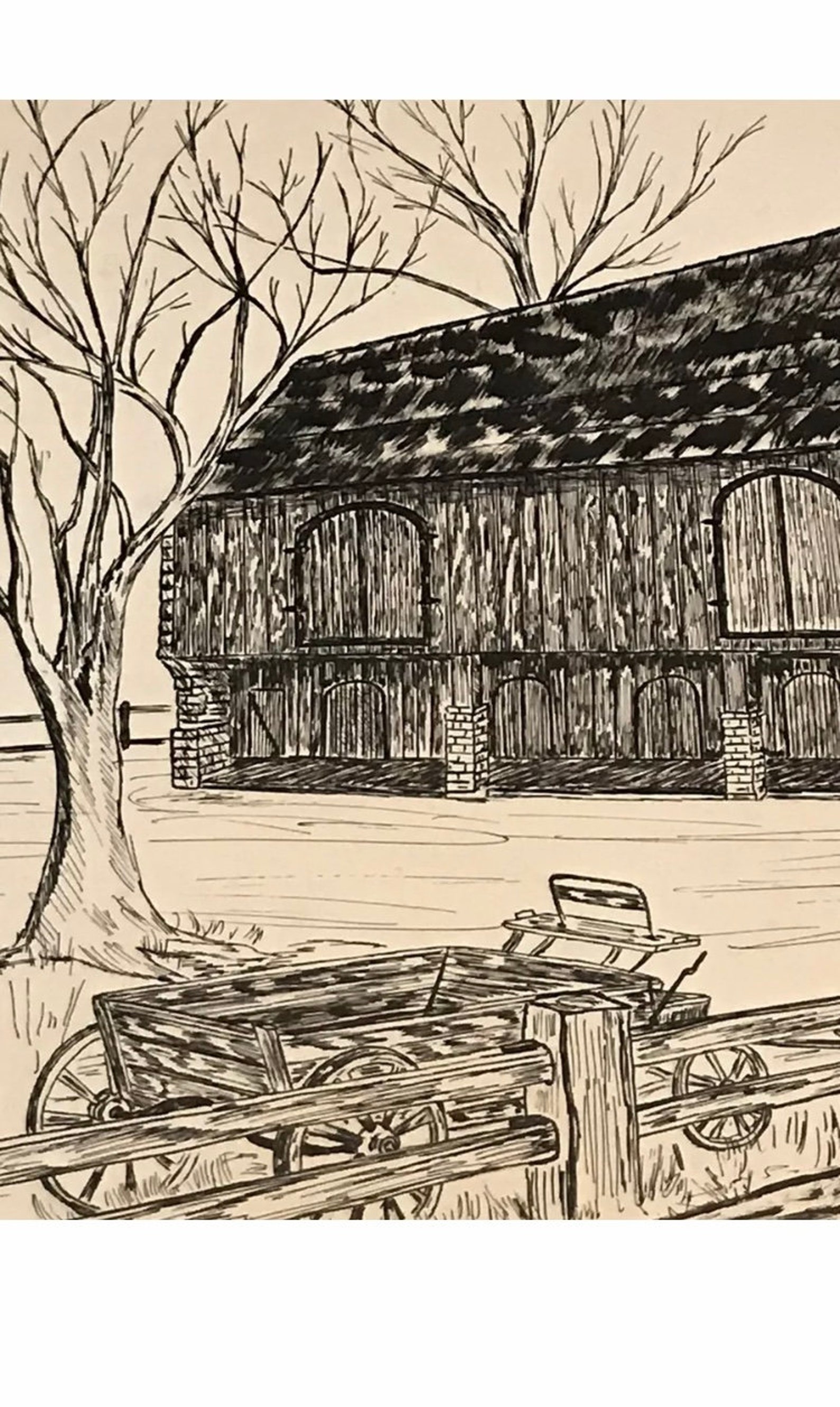 Vintage Barn Farm Landscape Pen and Ink Drawing on Paper | Etsy