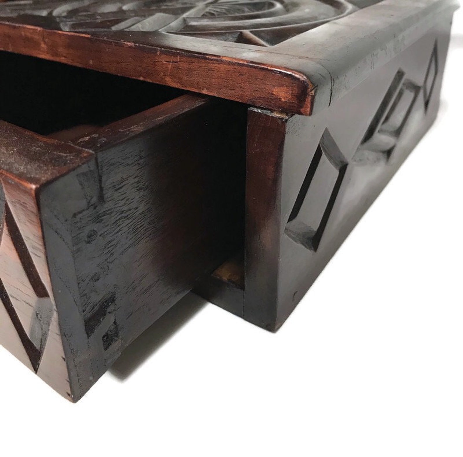 Antique Wood Carved Box Carved Design and Drawer - Etsy