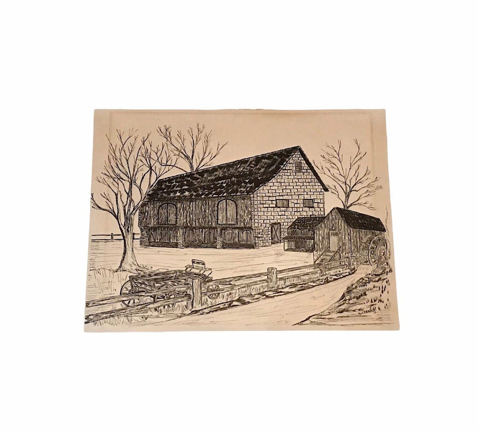 Vintage Barn Farm Landscape Pen and Ink Drawing on Paper - Etsy
