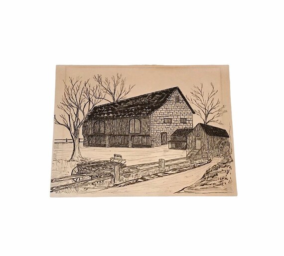 Vintage Barn Farm Landscape Pen and Ink Drawing on Paper | Etsy