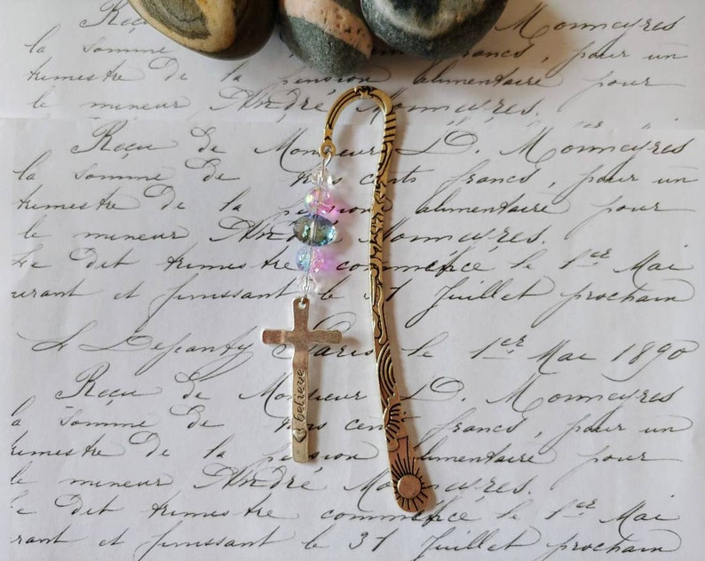 Christian Bookmark With Silver Cross Charm and Crystal Beads, Religious ...