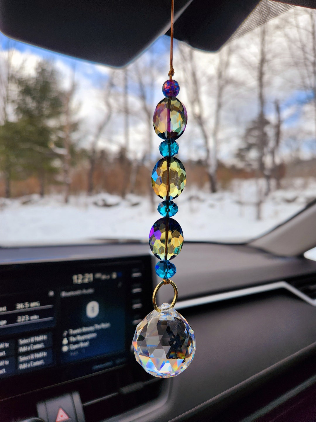 Crystal Car Mirror Charm With Large Round Prism and Crystal Beads. Rear ...