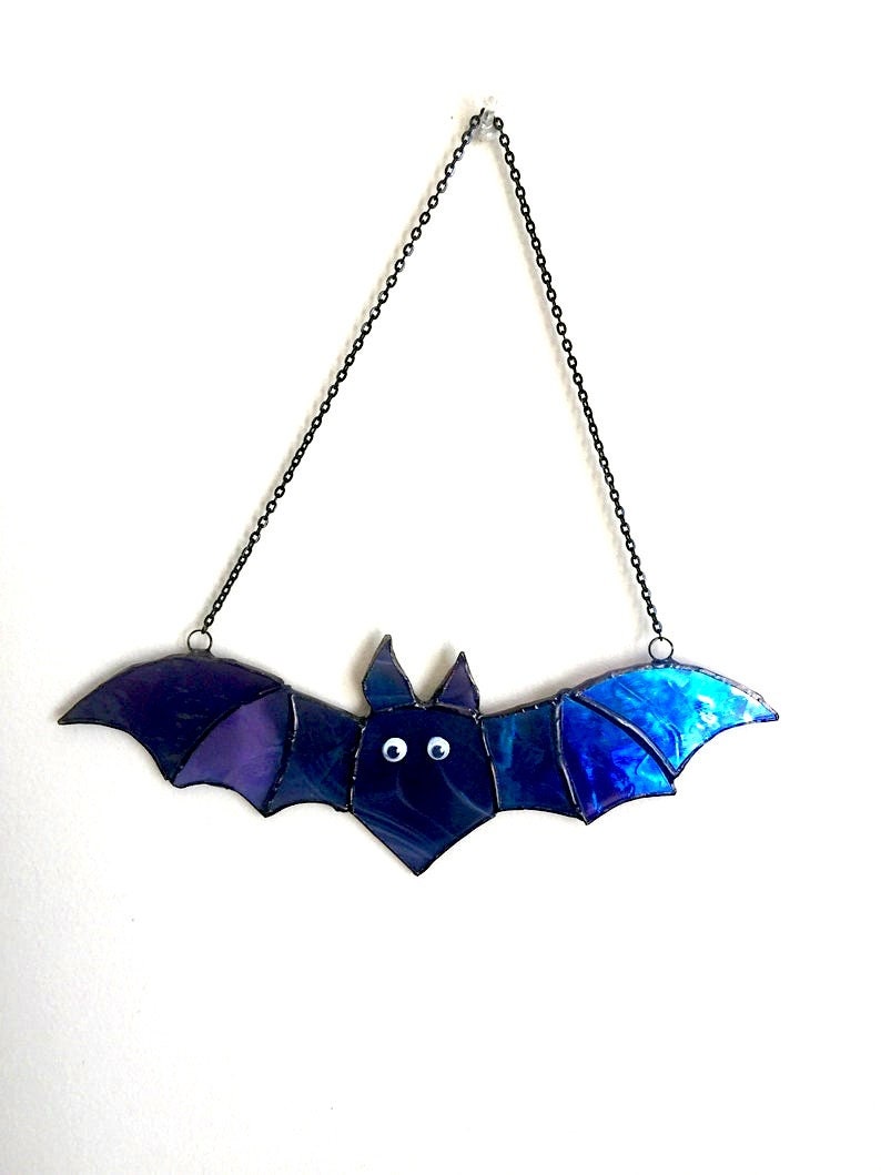 Hand Made Stained Glass Iridescent Bat Suncatcher Spooky Blue Green ...