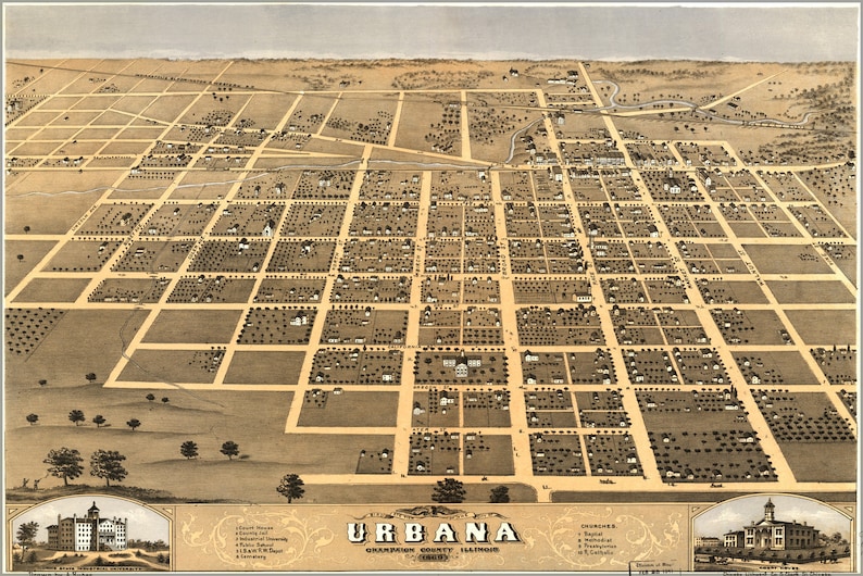 Poster, Many Sizes Available; Birdseye Map of Urbana Champaign Co ...