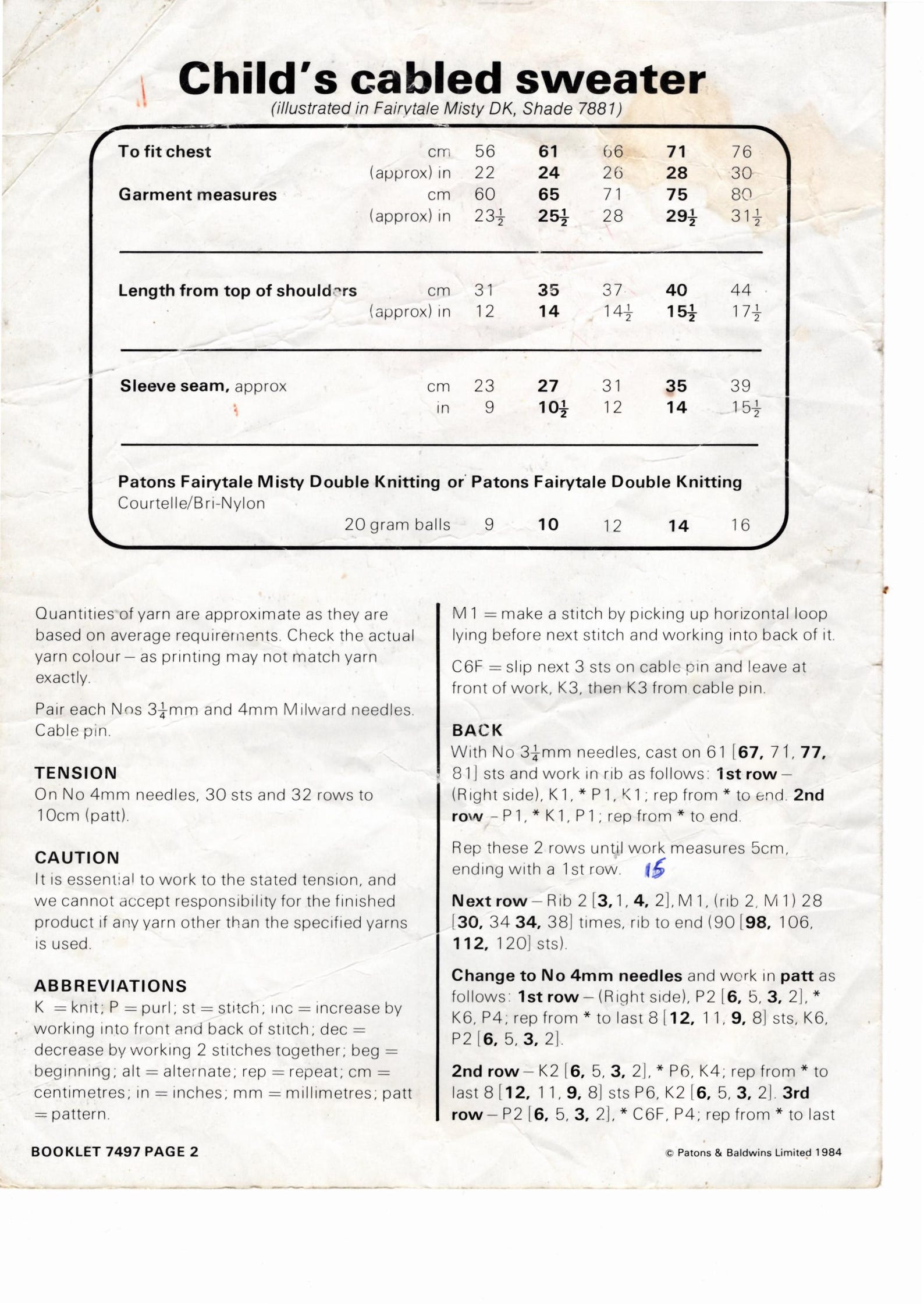Vintage Patons Knitting Pattern - Girls Cable Jumper B7497 - Etsy