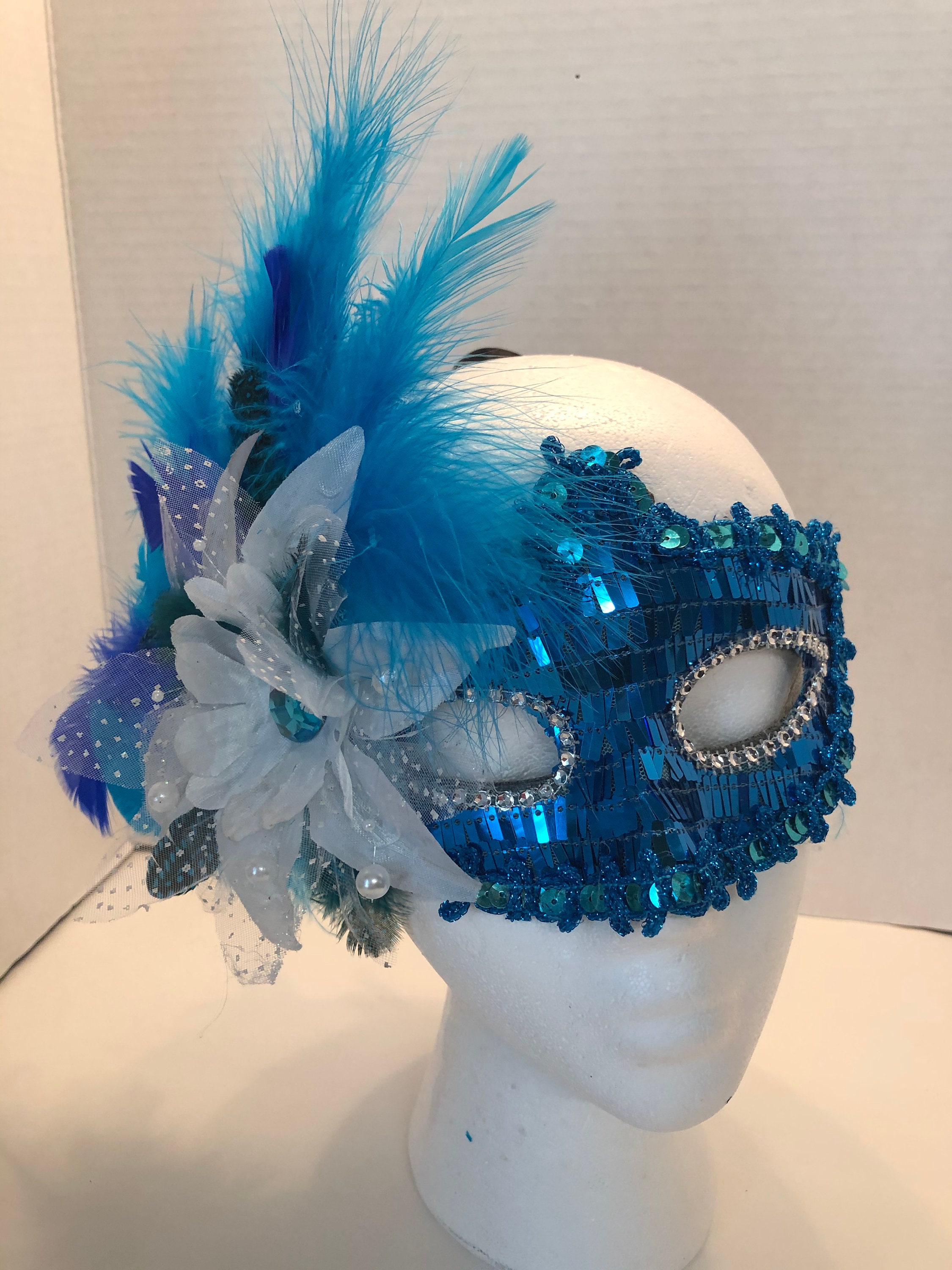 Mardi Gras Mask Turquoise Blue Feathers and White Flowers and - Etsy