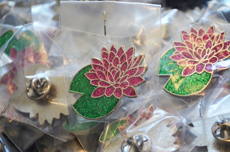 Glitter Water Lily Enamel Pin, Pink Lotus Flower - Etsy