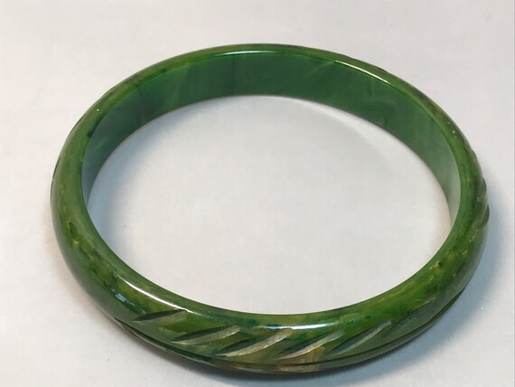 Carved Green Bakelite Bangle Bracelet - Gem