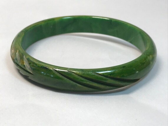 Carved Green Bakelite Bangle Bracelet - Gem