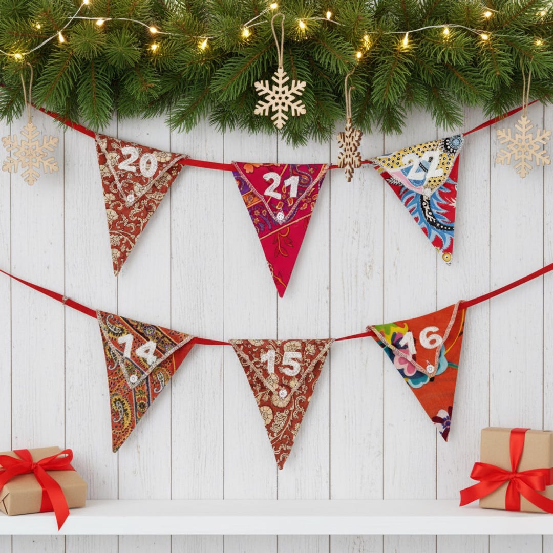 Upcycled Fabric Advent Calendar Bunting - Reusable Christmas Decoration ...
