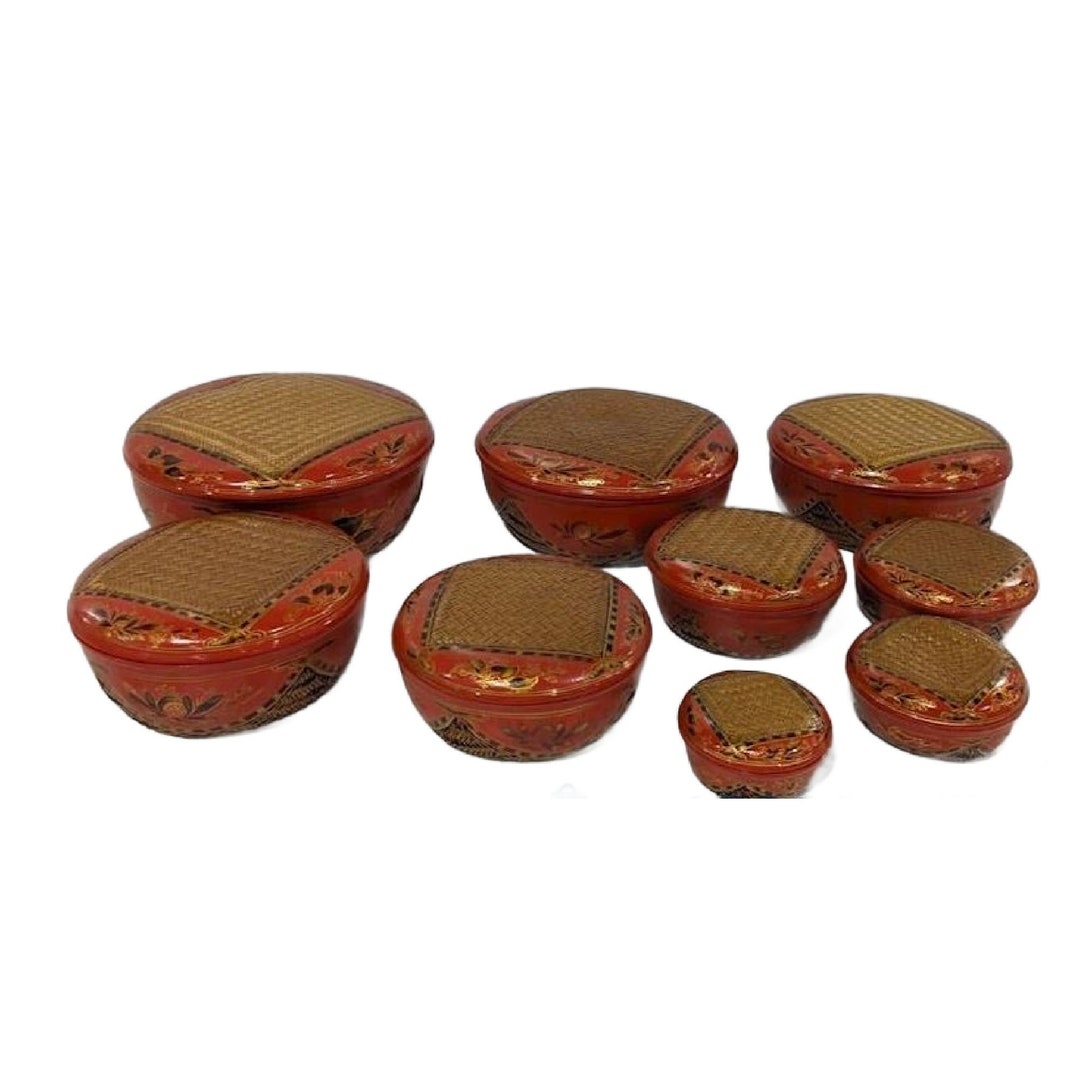 Vintage Burmese Lacquer & Woven Bamboo Monk Rice Bowls, Set of 9, 1930s ...