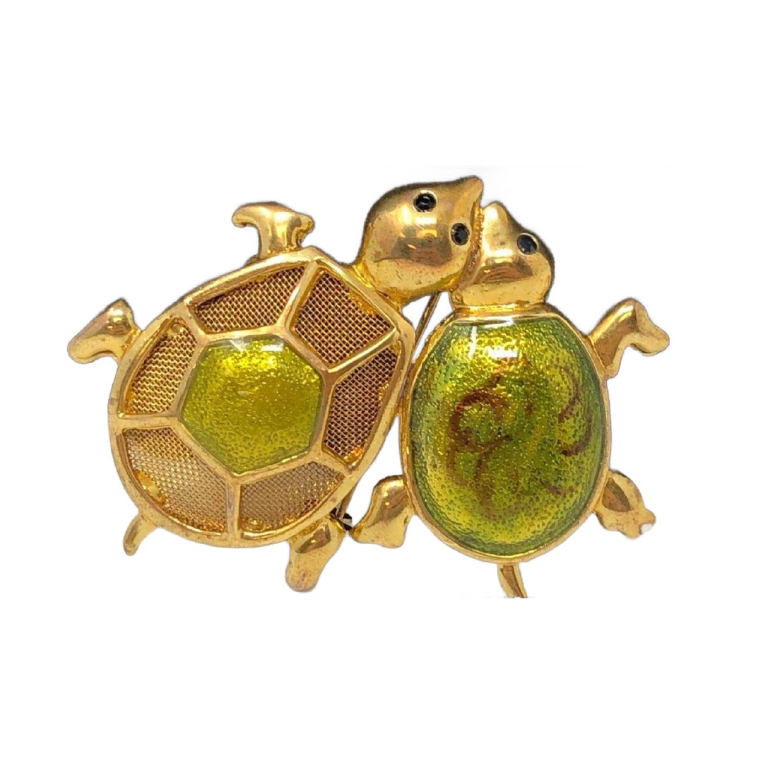 Vintage Gold Tone Enamel Turtles Brooch, Signed KC, Kenneth Cole, Free ...