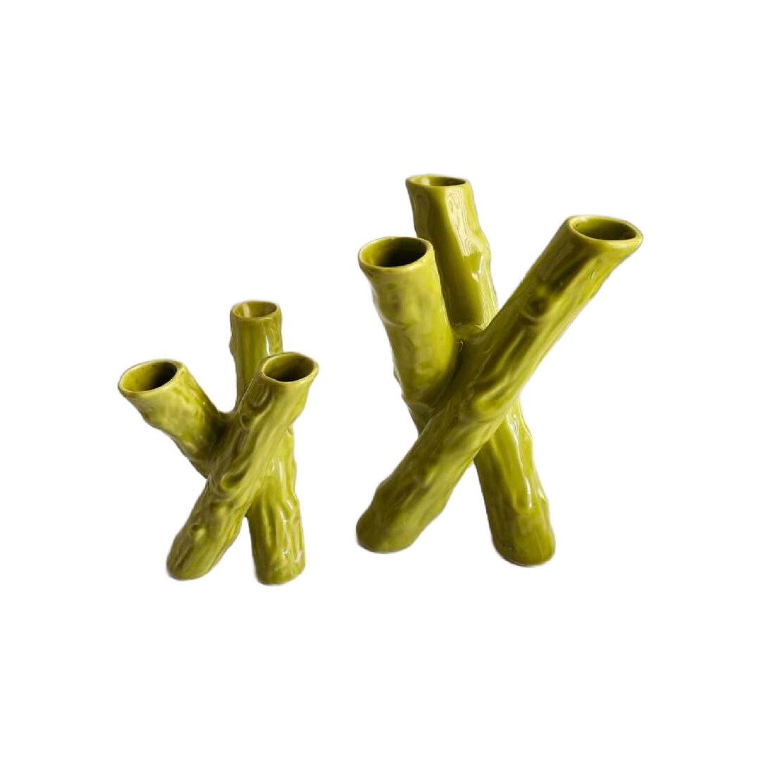 Mid Century Green Twisted Bamboo Triple Bud Vase, by Camark, Set of 2 ...