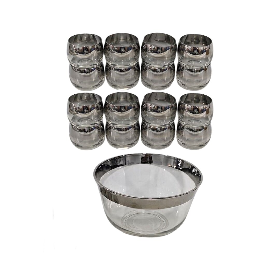 Dorothy Thorpe Silver Rim Punch Bowl Set W 16 Ombre Fade Roly Poly ...