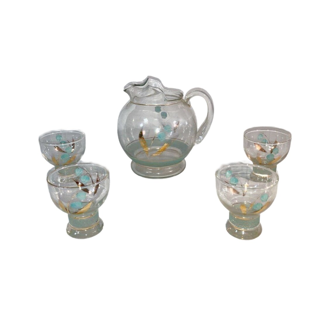 Mid Century Atomic Glasses With Fishbowl Pitcher Set of 5, Turquoise ...