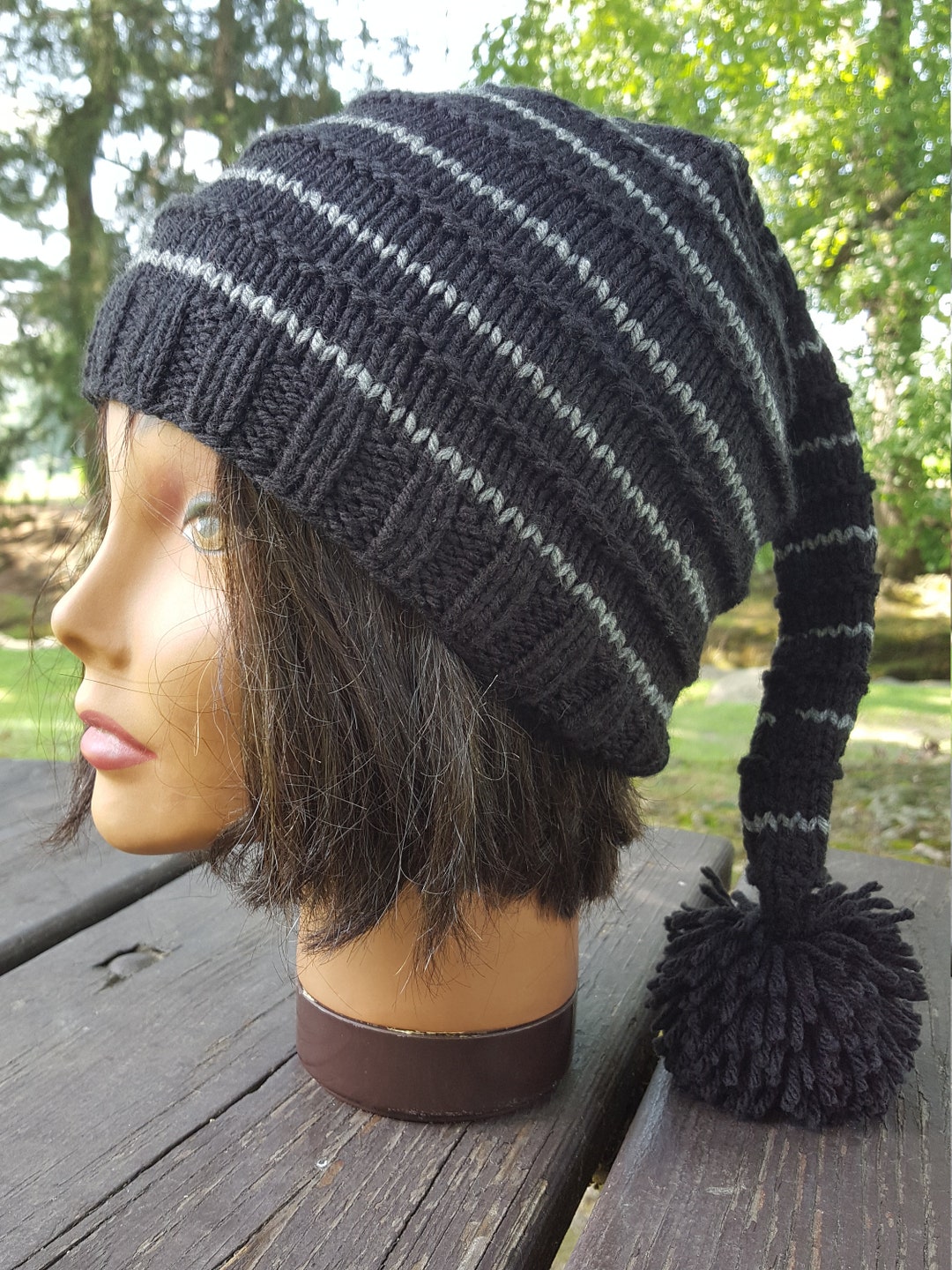 Black Striped Elf Hat: Long Tail Cosplay Beanie - Etsy
