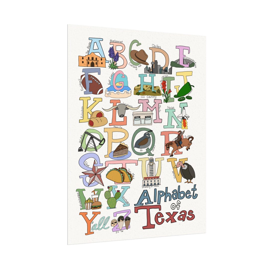 Texas Alphabet Art Print Colorful Watercolor Poster, Modern Wall Decor ...
