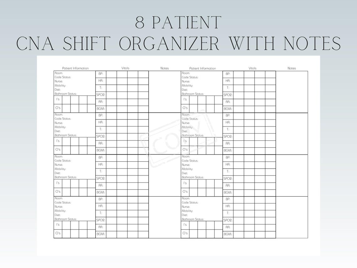 8 Patient Cna/pct/tech Report Sheet With Notes Section, Shift Organizer ...