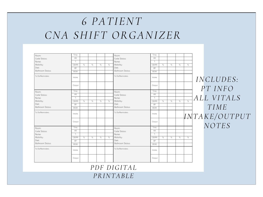 6 Patient Cna/pct/tech Report Sheet, Shift Organizer and Planner ...