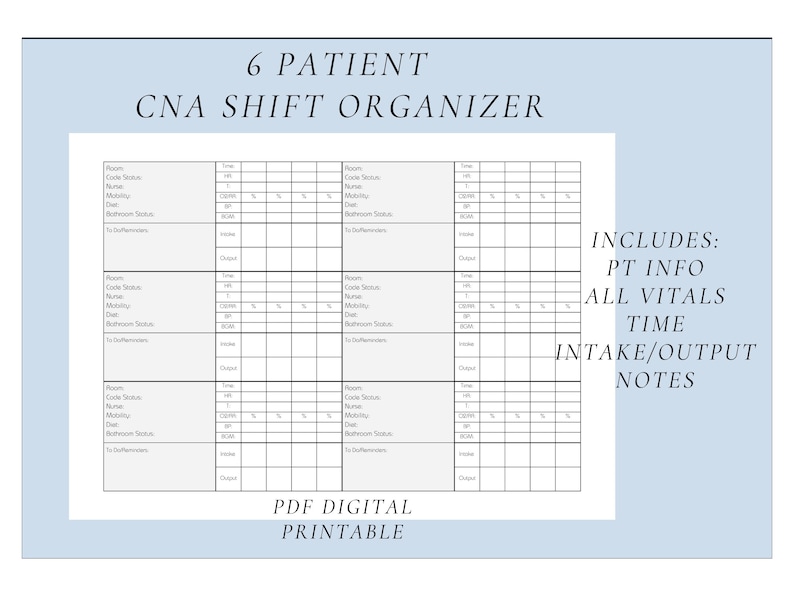 6 Patient Cna/pct/tech Report Sheet, Shift Organizer and Planner ...