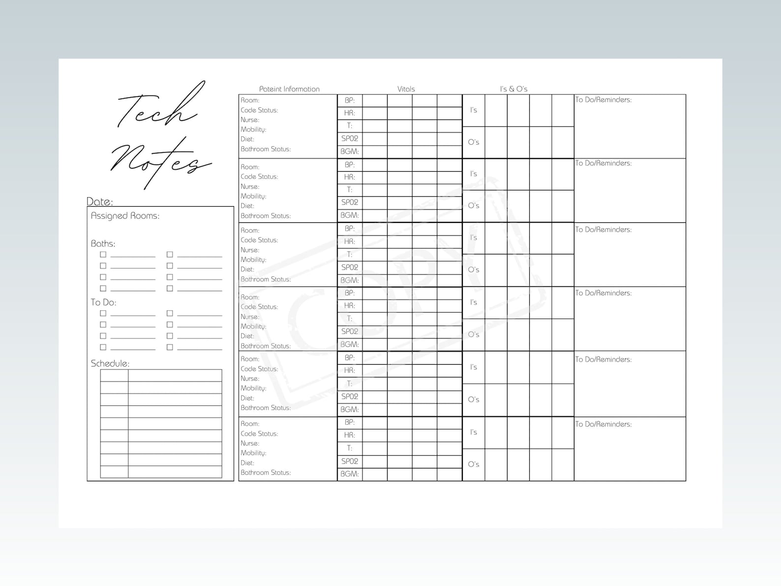 6 Patient Cna/pct/tech Report Sheet, Shift Organizer and Planner ...