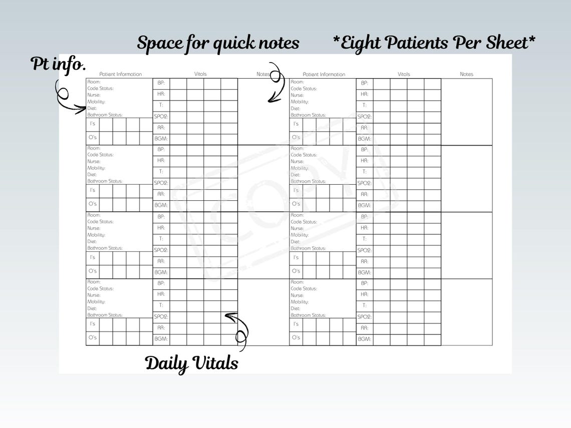 8 Patient Cna/pct/tech Report Sheet With Notes Section, Shift Organizer ...