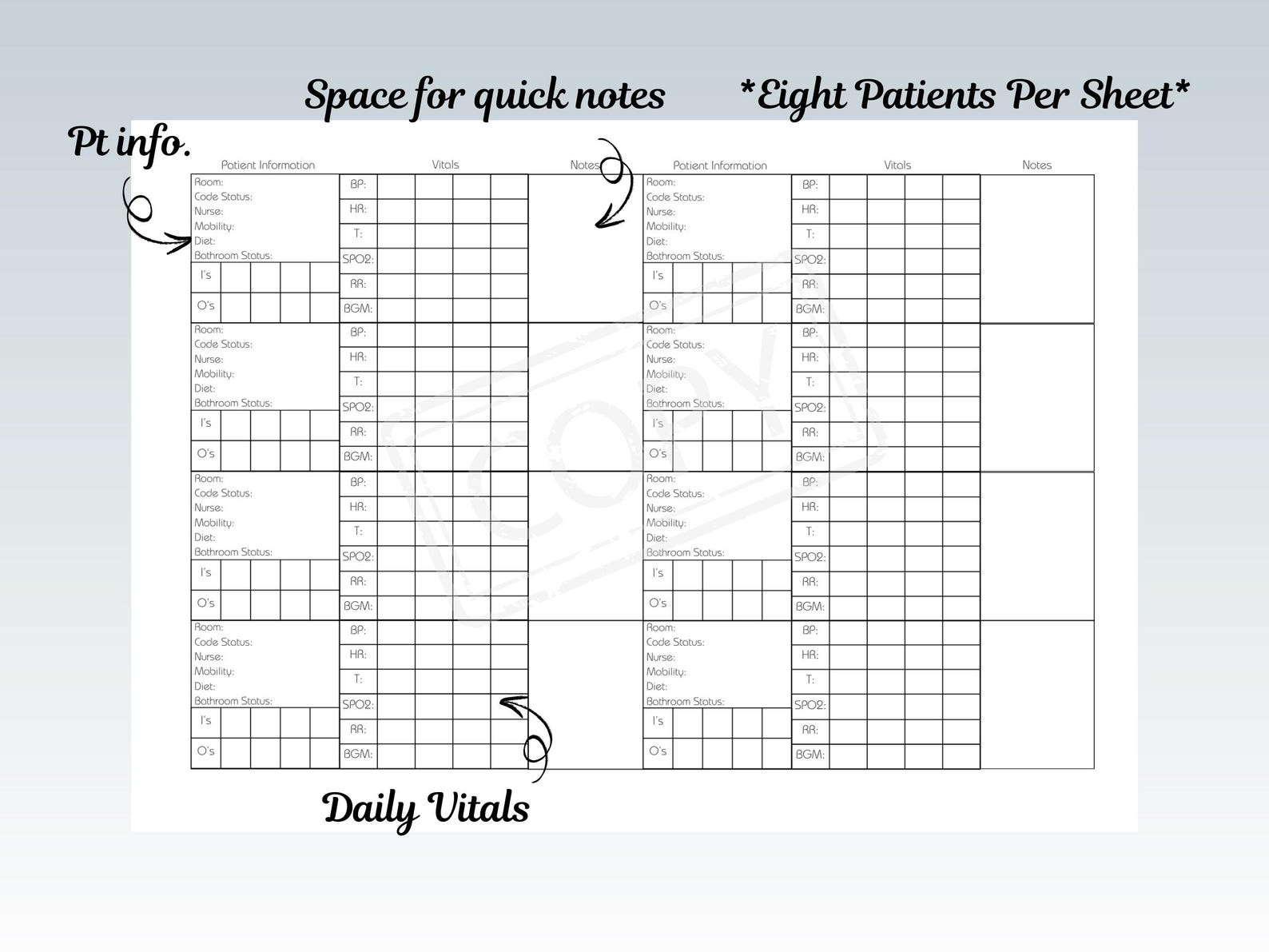 8 Patient Cna/pct/tech Report Sheet With Notes Section, Shift Organizer ...