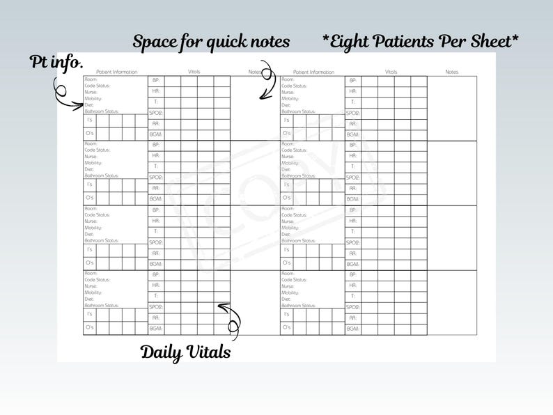 8 Patient Cna/pct/tech Report Sheet With Notes Section, Shift Organizer ...