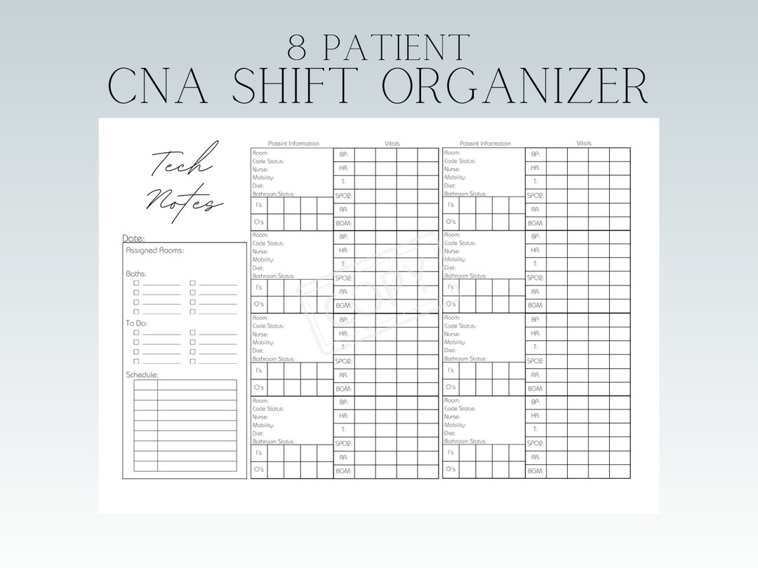 8 Patient Cna/pct/tech Report Sheet, Shift Organizer and Planner ...