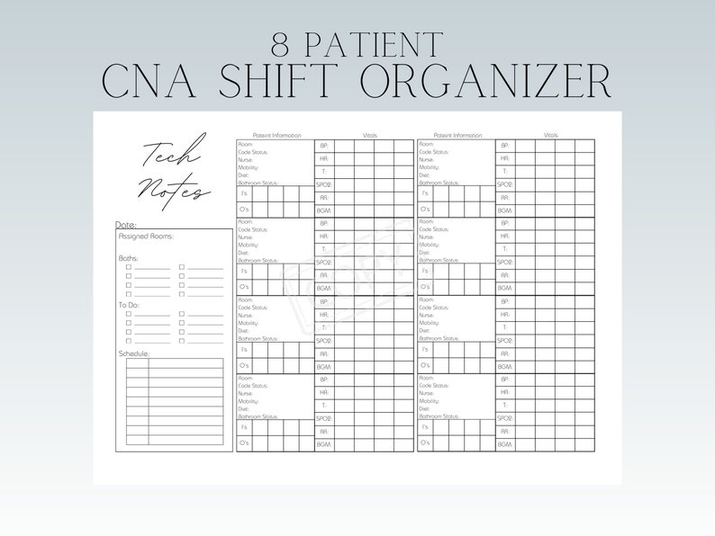 8 Patient Cna/pct/tech Report Sheet, Shift Organizer and Planner ...