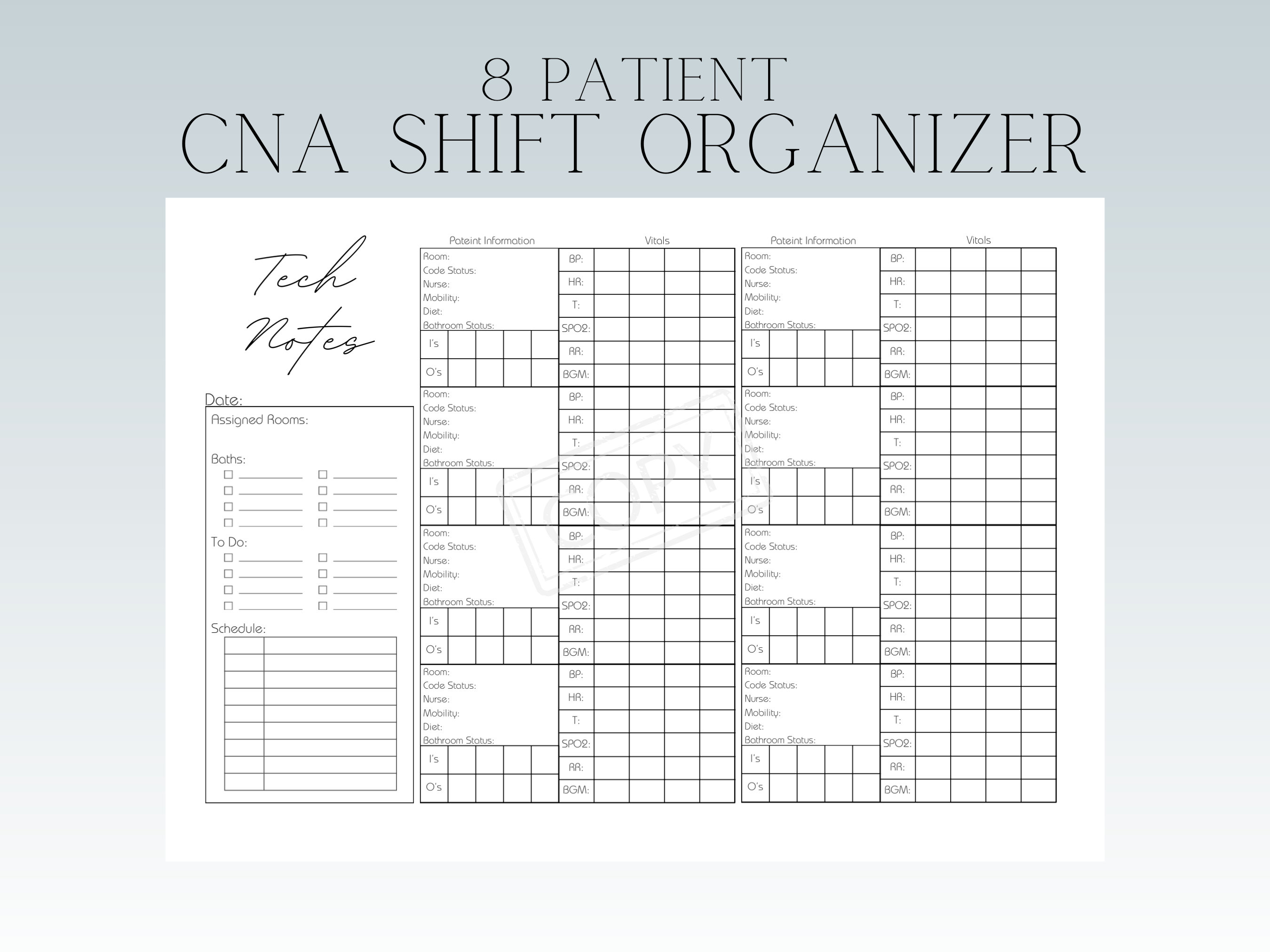 8 Patient Cna/pct/tech Report Sheet, Shift Organizer and Planner ...