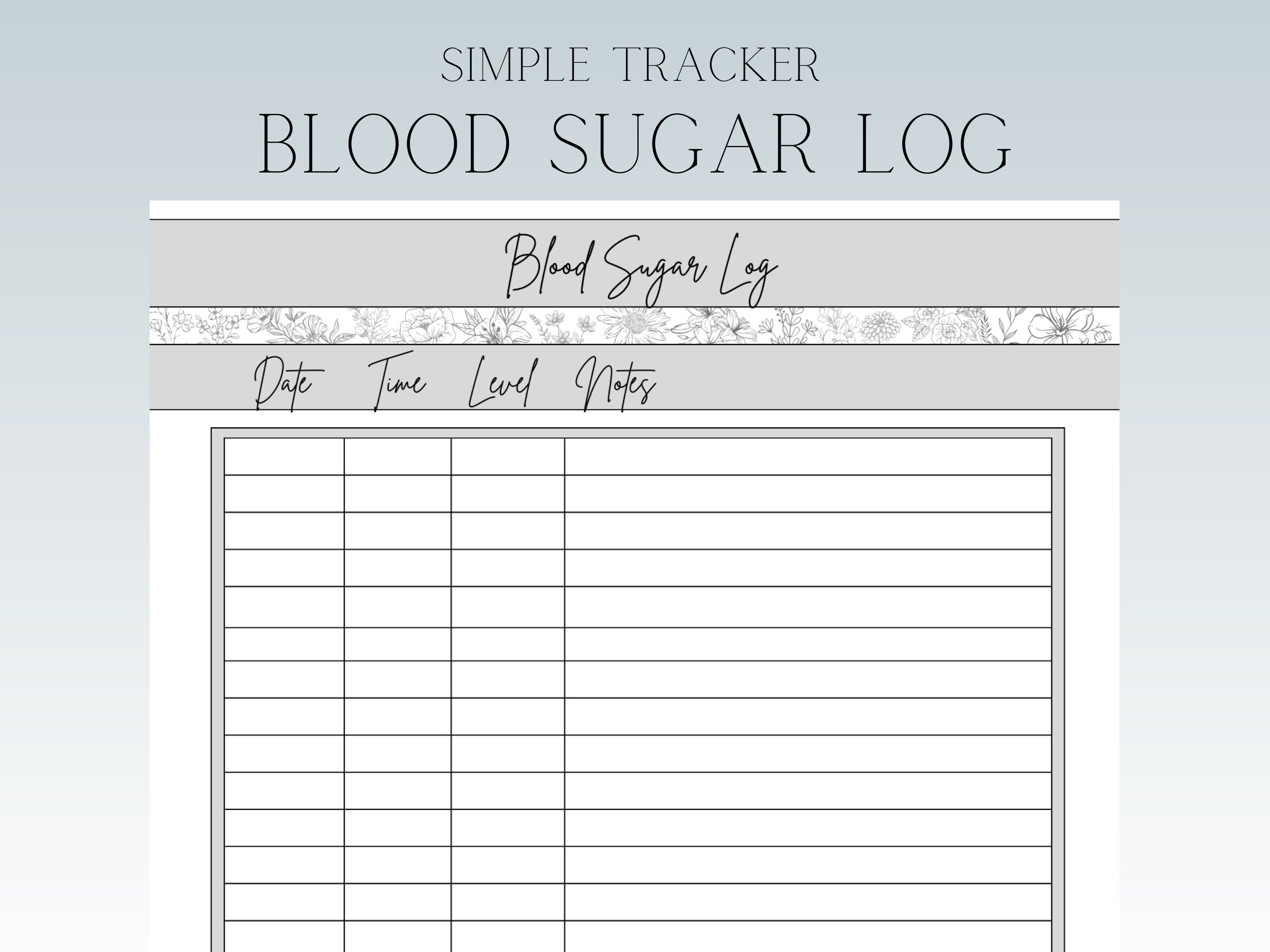 Blood Sugar Log, Glucose Tracker. Simple Floral Diabetic Digital ...