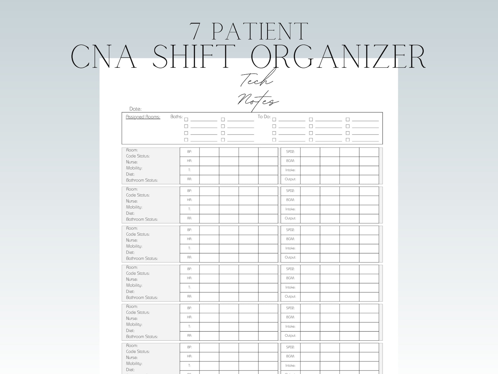 7 Patient Cna/pct/tech Report Sheet, Shift Organizer and Planner ...