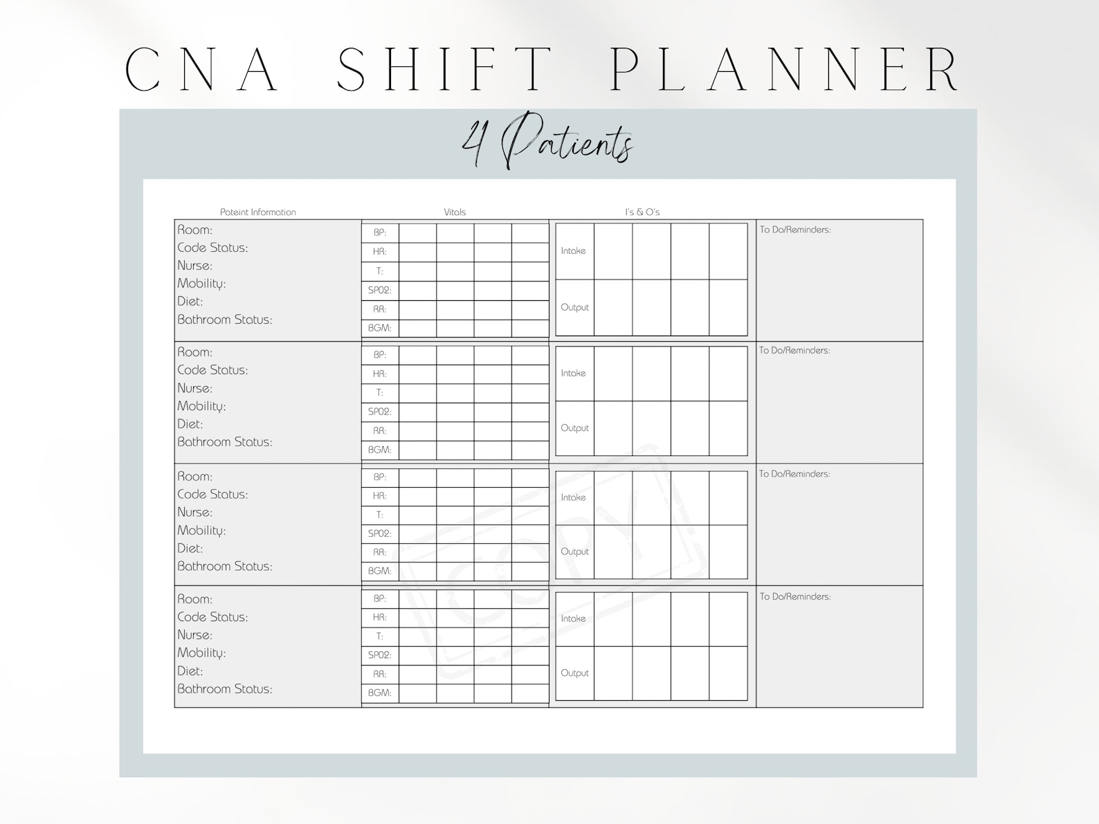 4 Patient Cna/pct/tech Report Sheet, Shift Organizer and Planner ...