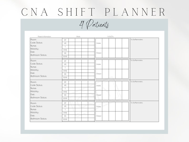 4 Patient Cna/pct/tech Report Sheet, Shift Organizer and Planner ...