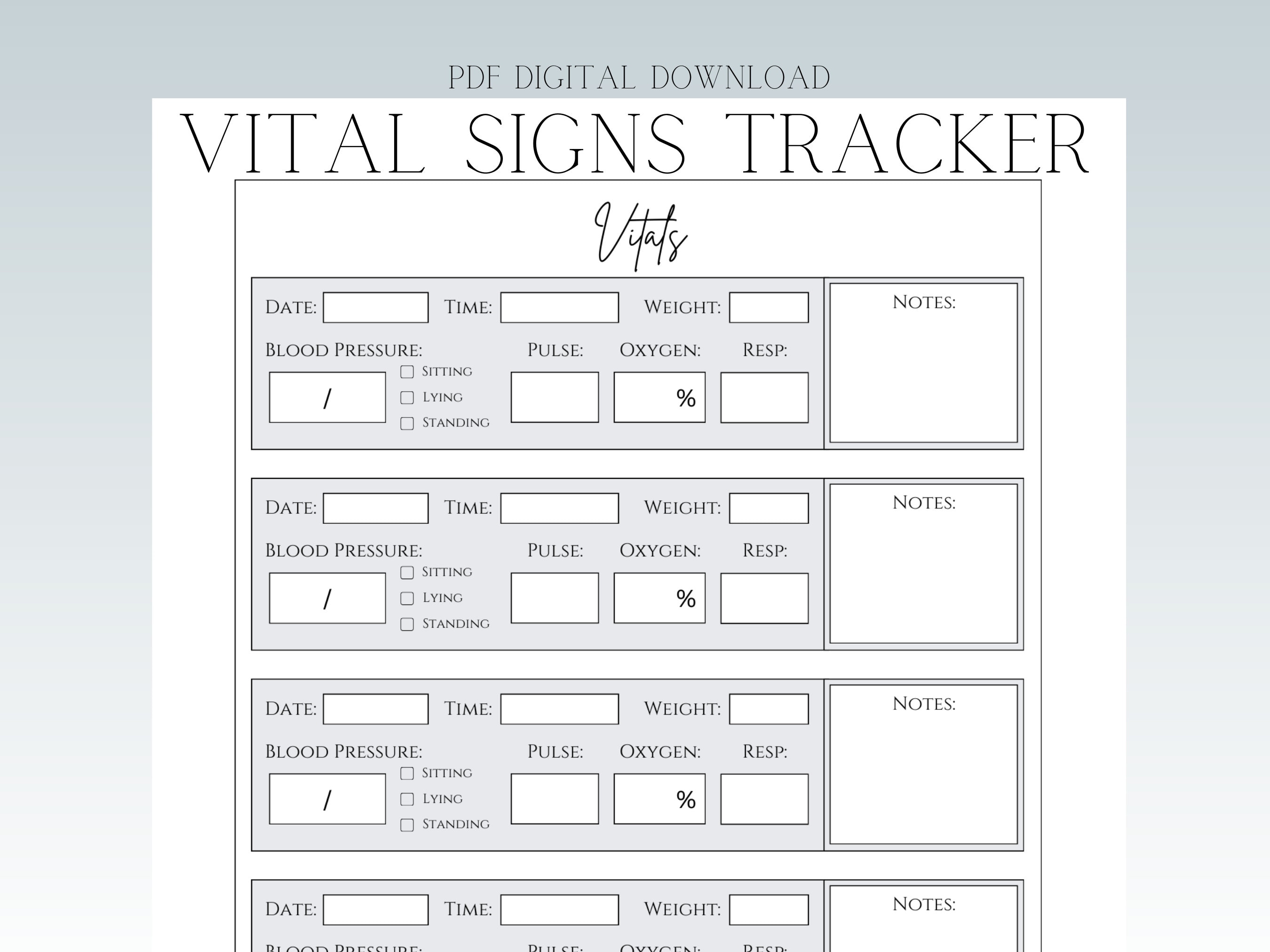Vital Signs Tracking Sheet | Digital Printable PDF Template Note ...