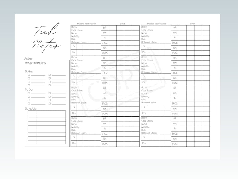 8 Patient Cna/pct/tech Report Sheet, Shift Organizer and Planner ...