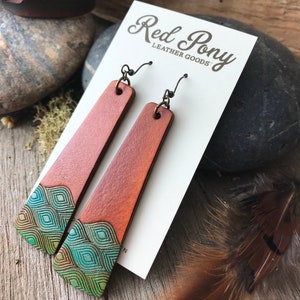 Hand Tooled Geometric Leather Bar Earrings, Caramel Brown, Turquoise ...