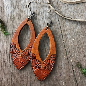 Boho Style Earrings, Hand Tooled Leather in Warm Brown Antiqued Finish ...