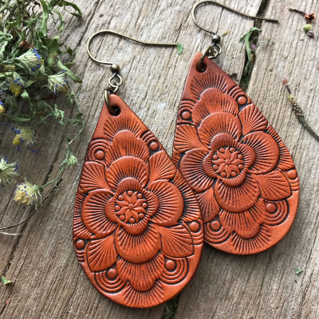 Hand Tooled Mandala Leather Teardrop Earrings in Caramel Brown, Western ...