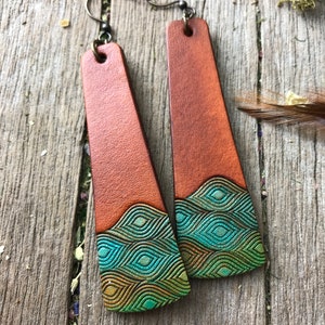 Hand Tooled Geometric Leather Bar Earrings, Caramel Brown, Turquoise ...