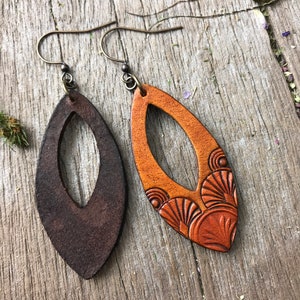 Boho Style Earrings, Hand Tooled Leather in Warm Brown Antiqued Finish ...