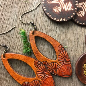 Boho Style Earrings, Hand Tooled Leather in Warm Brown Antiqued Finish ...