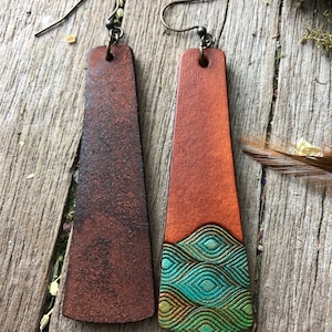 Hand Tooled Geometric Leather Bar Earrings, Caramel Brown, Turquoise ...